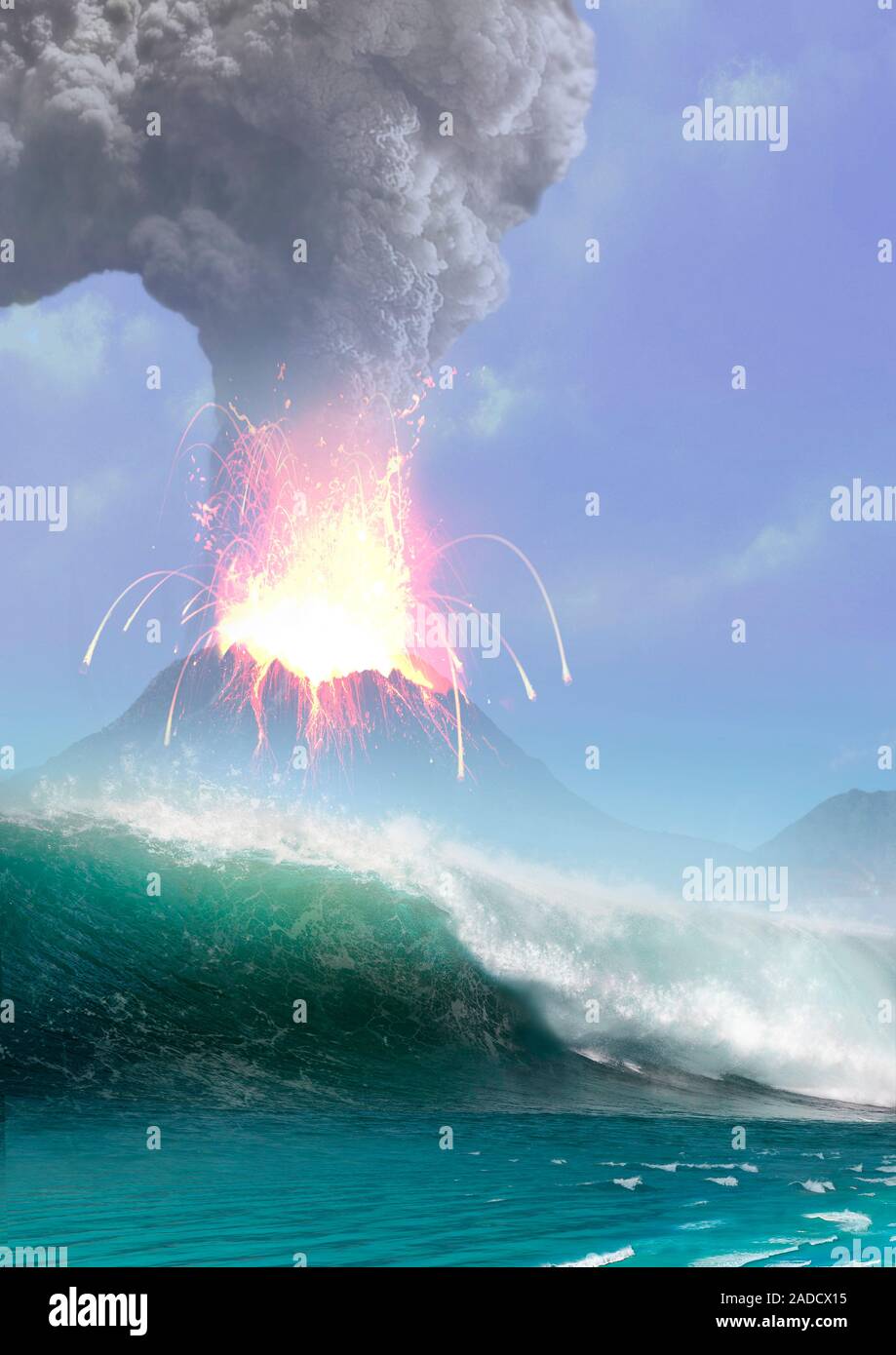 Artwork of a volcano provoking a tsunami. Tsunamis are giant waves ...