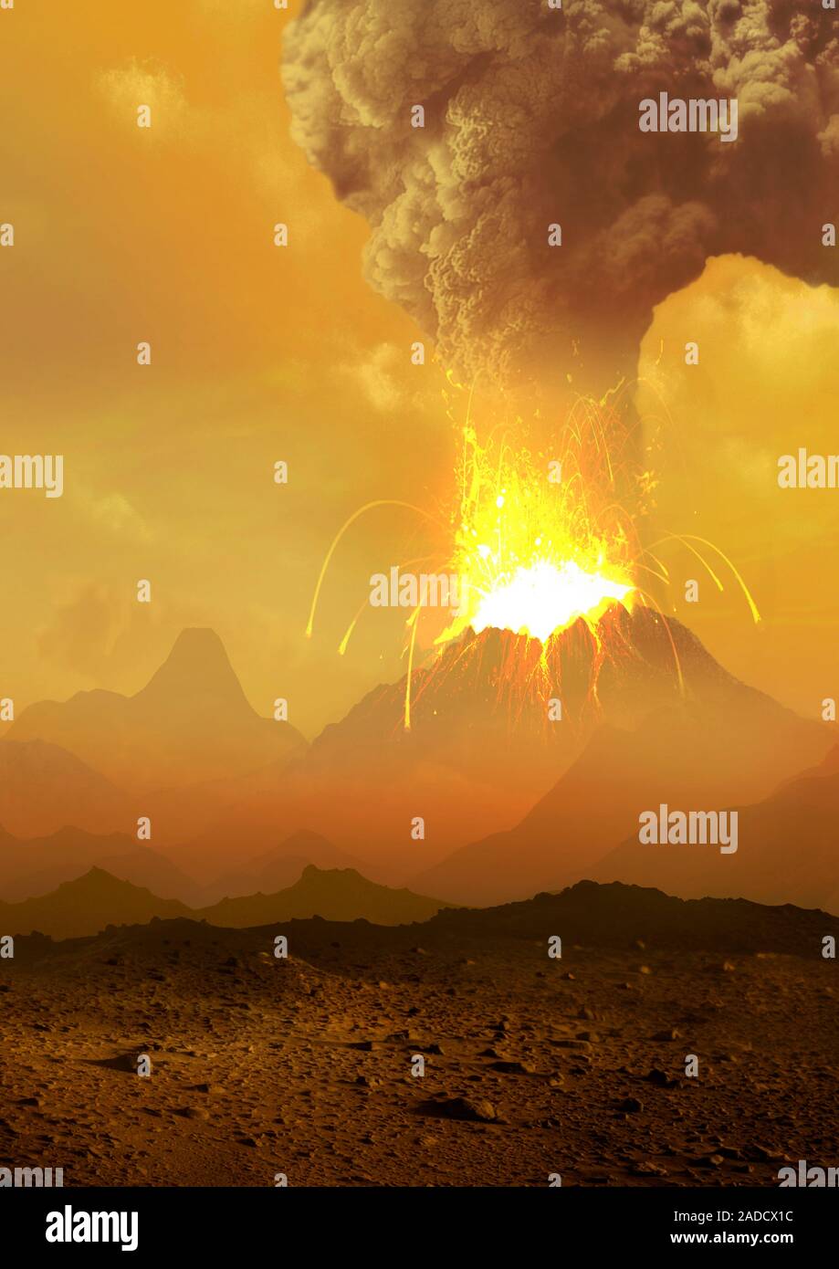 Volcanoes on Venus. Artwork of a active volcanoes on the surface of the ...