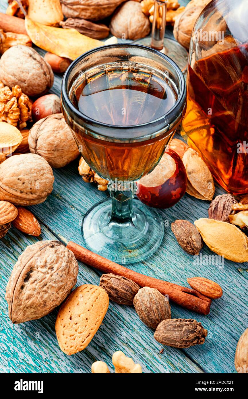 Fragrant nutty liquor tincture.Walnut liquor, sweet table alcoholic ...