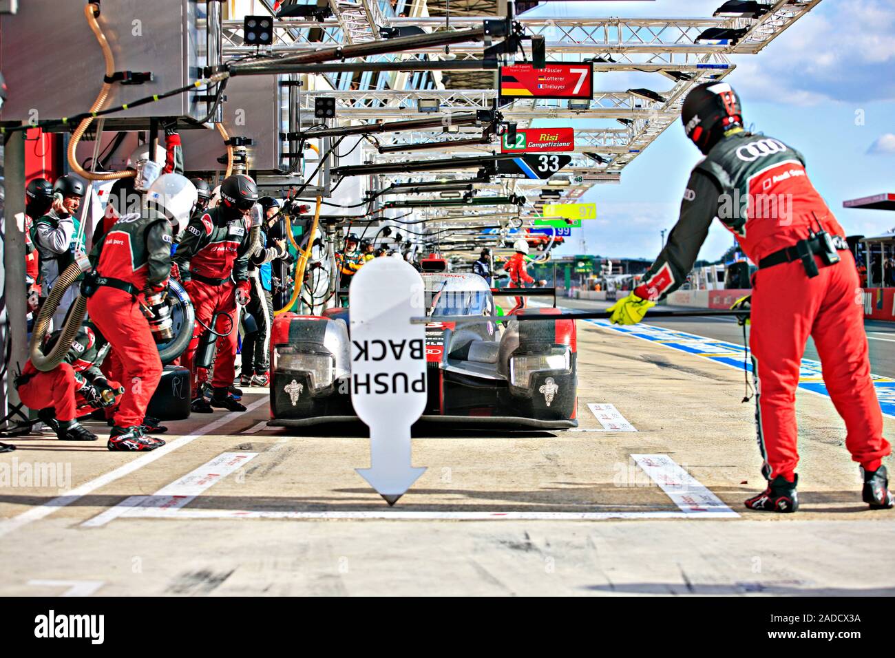 Pit stop at 24 Hours of Le Mans, 2016. Audi R18 racing car at a pit ...