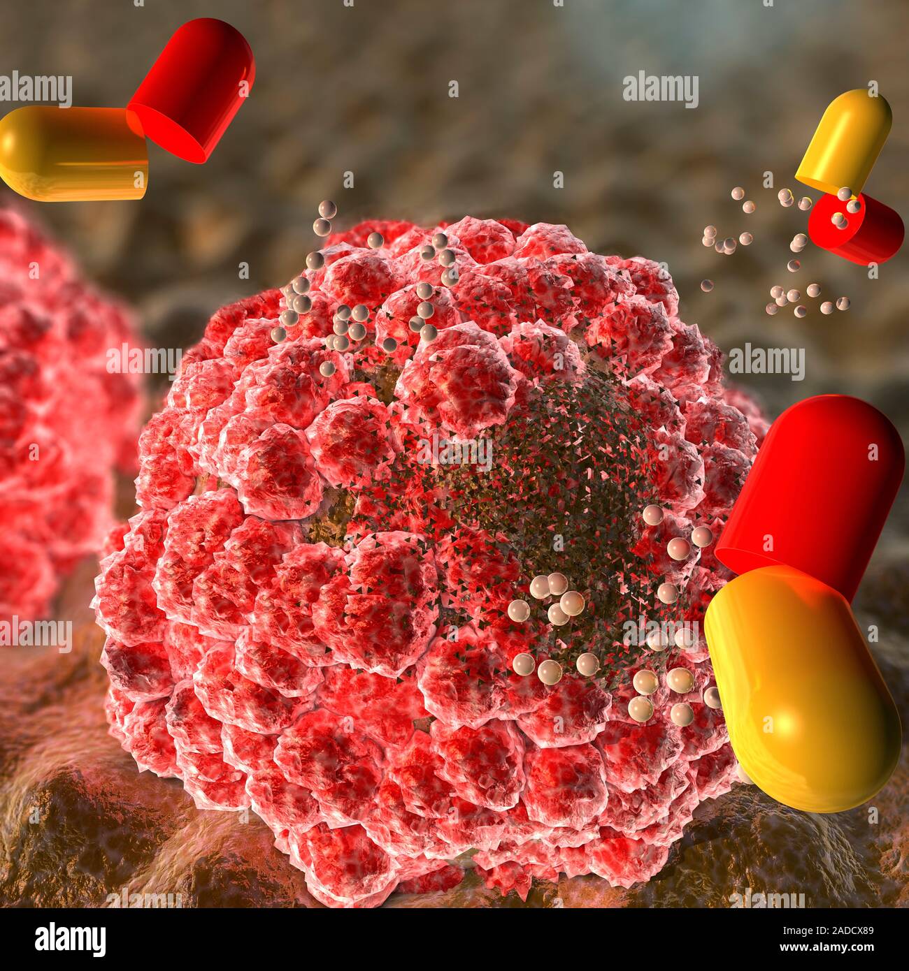 Anti-cancer nanoparticles. Conceptual illustration of a drug capsule ...