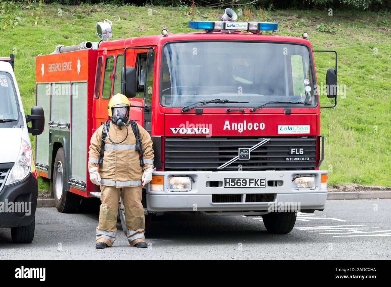 CalaChem chemical factory. Onsite firefighter in safety kit at the ...
