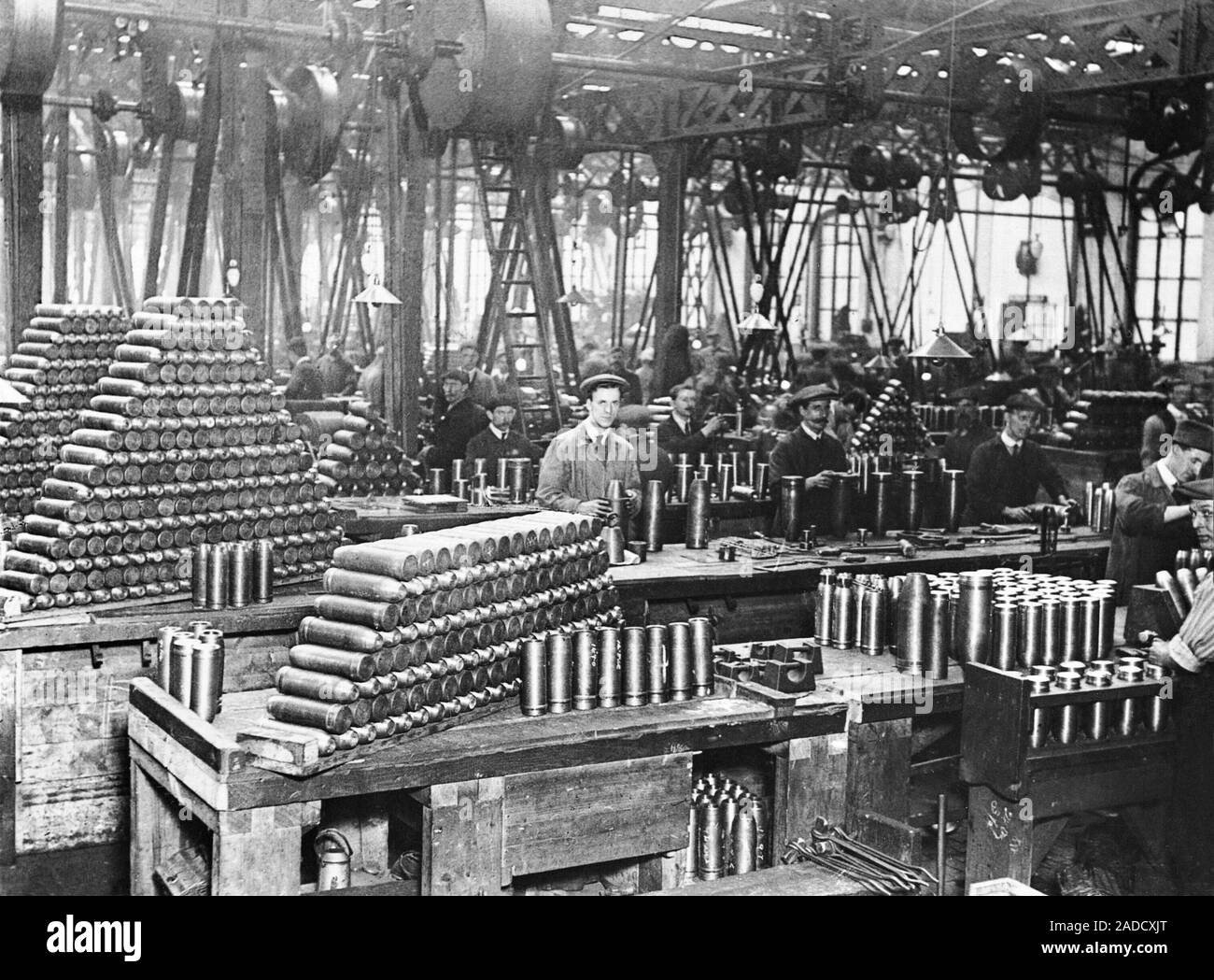 British munitions factory, First World War. Workers producing artillery ...