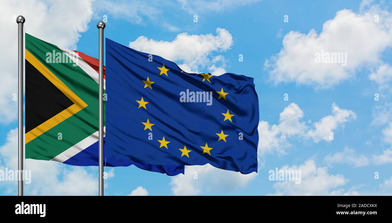 South Africa and European Union flag waving in the wind against white ...