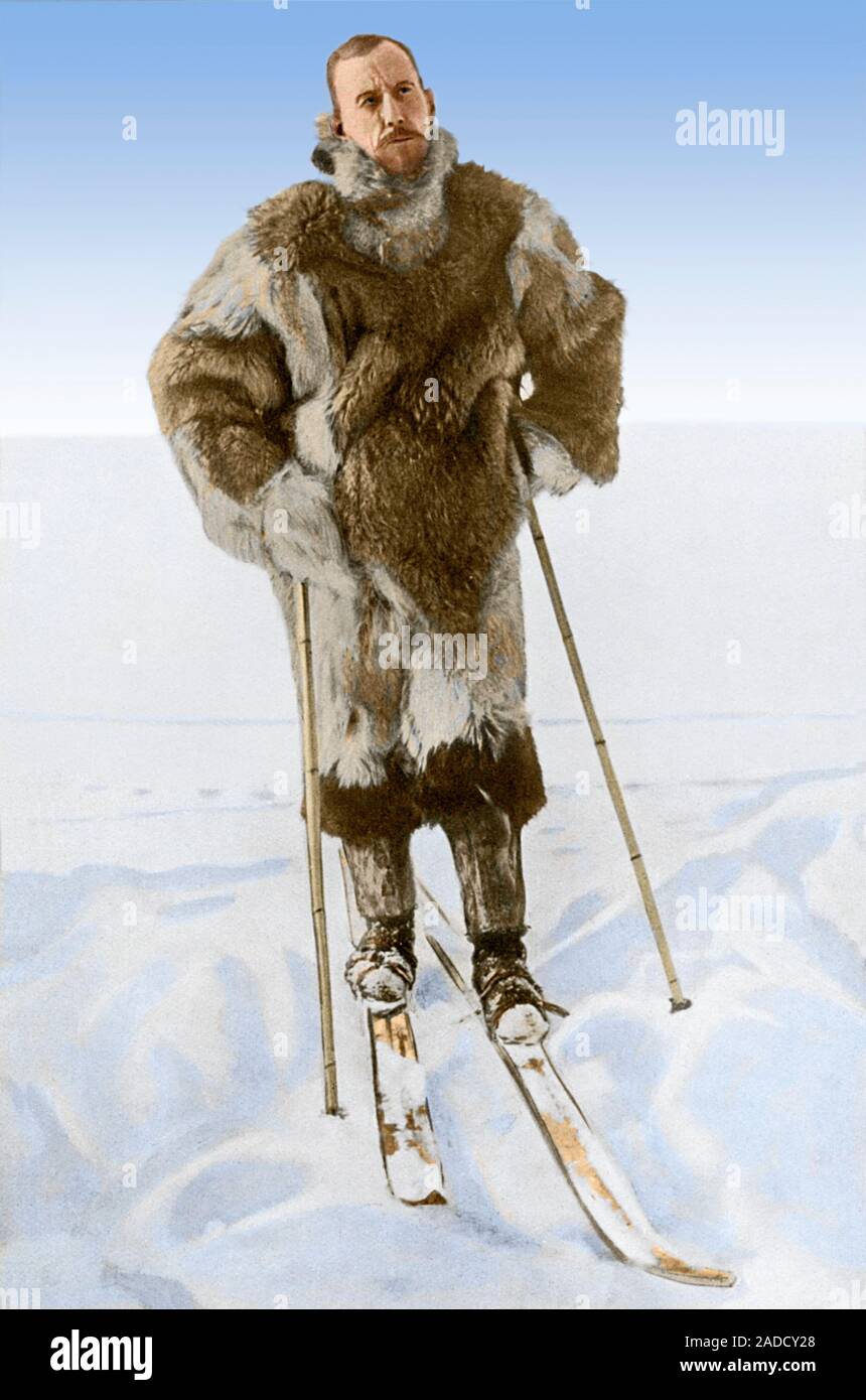 Norwegian explorer Roald Amundsen (1872-1928), on skis in his Arctic ...
