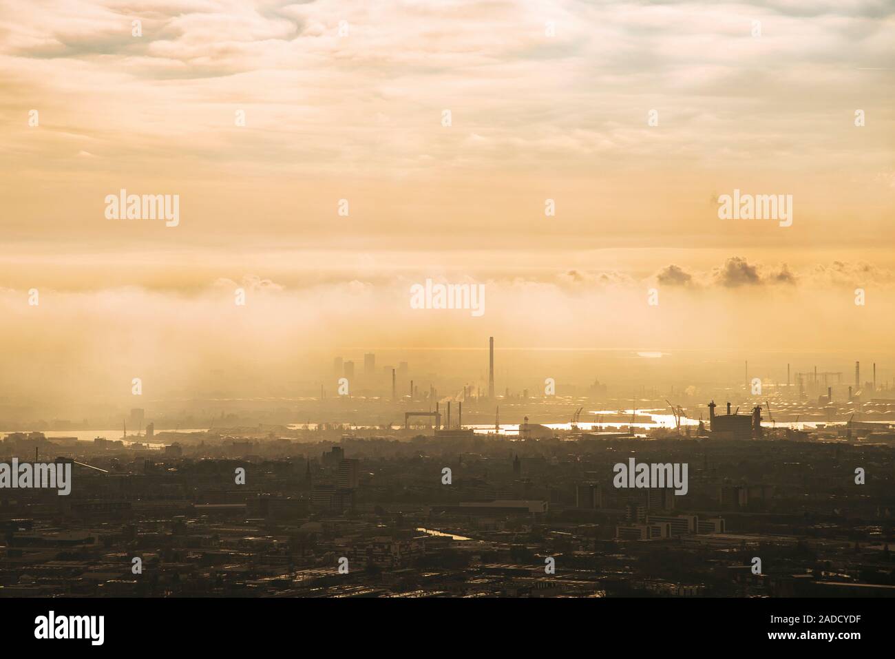 Aerial photograph of smog and air pollution over Rotterdam, the ...