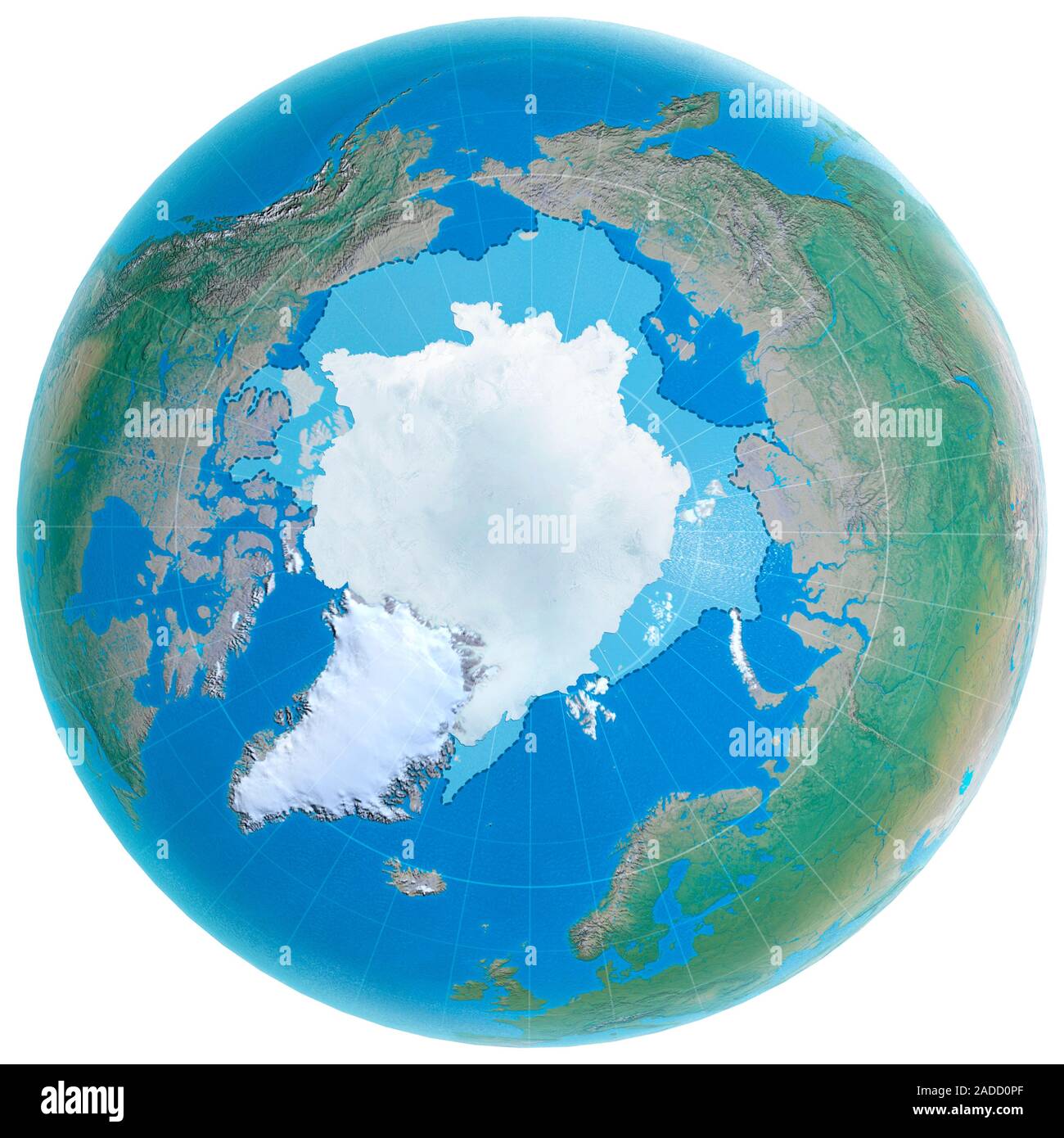 Polar ice cap shrinking. Computer illustration of the globe, centred on ...