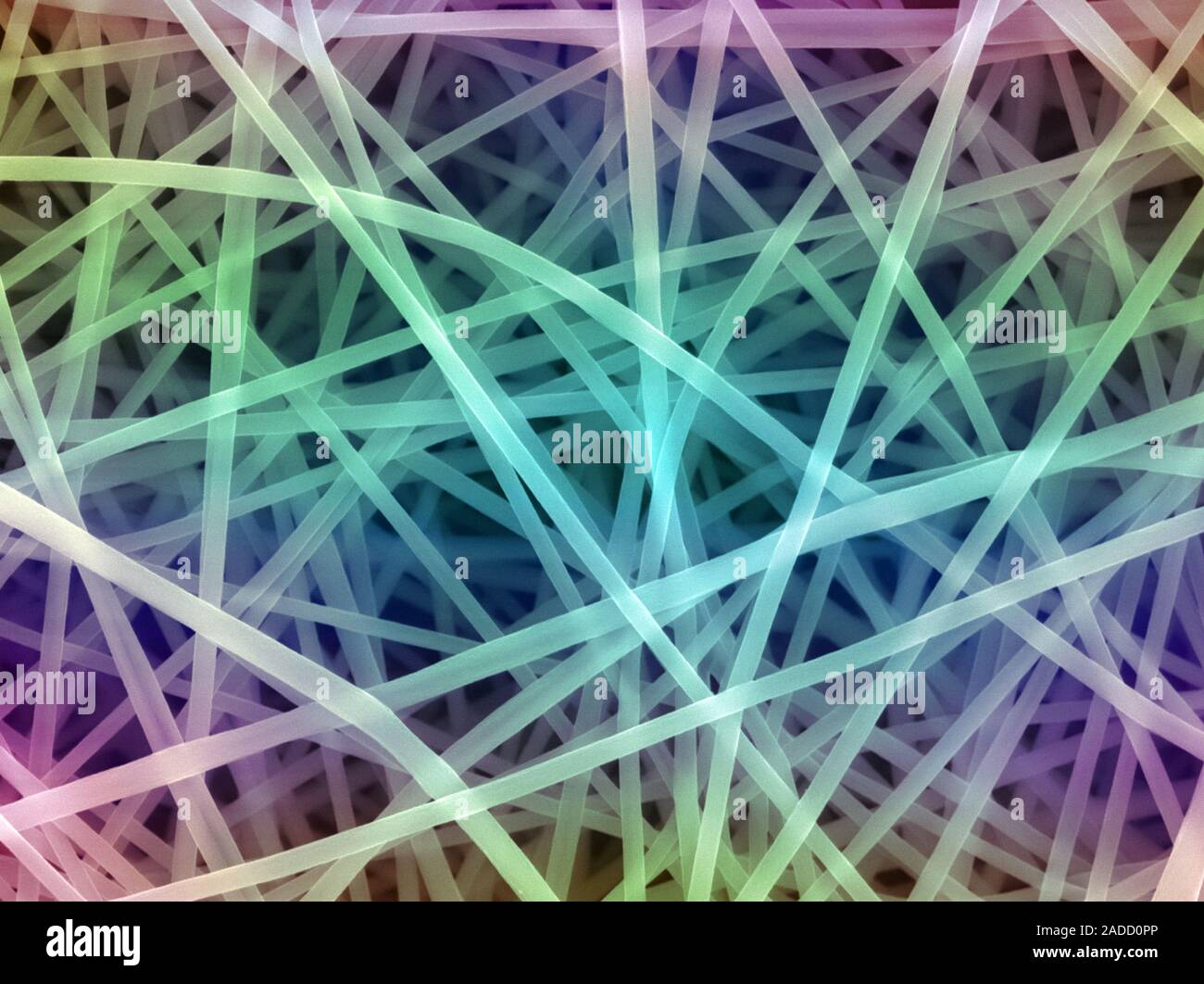Electrospun fibres. Coloured scanning electron micrograph (SEM) of a ...