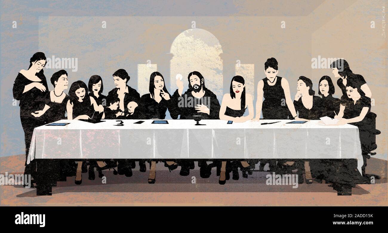 Female Last Supper, conceptual illustration. Depiction of the biblical ...