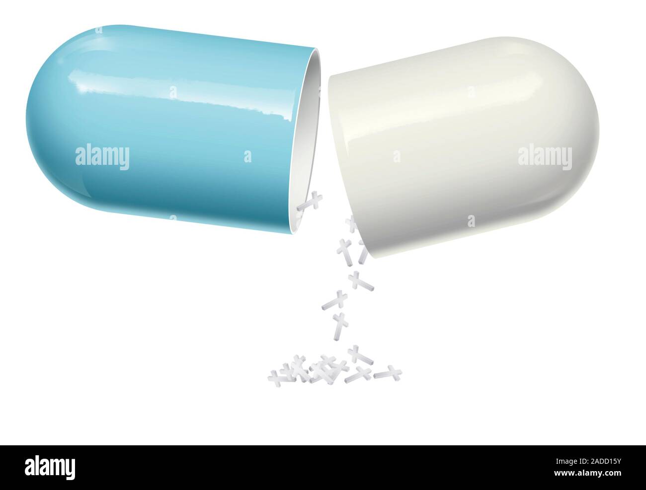 Drug deaths. Conceptual image of crosses, representing death, spilling ...