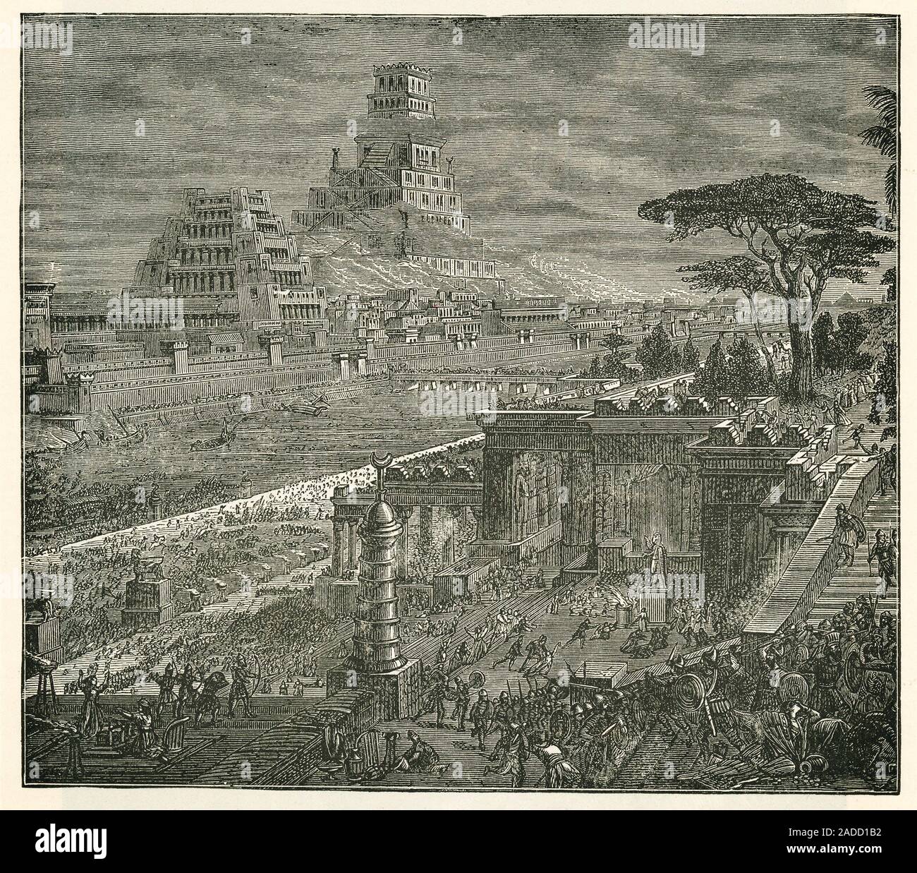 Persian capture of Babylon. 19th-century illustration of the capture of ...