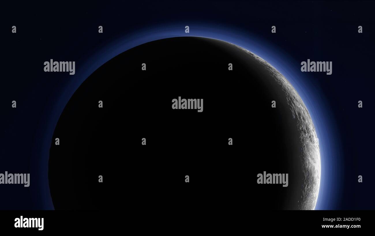 Pluto's crescent. View of Pluto looking back towards the sun, showing ...