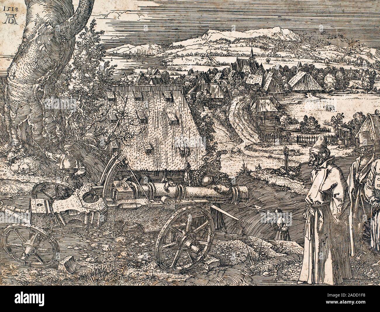 Albrecht Durer's 'Landscape with Cannon', 1518. Woodcut etching by ...