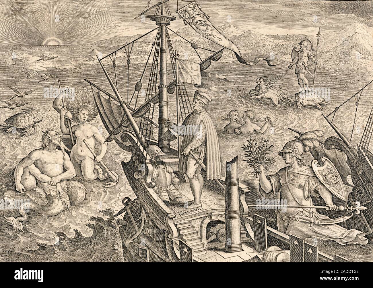 Vespucci off the coast of the Americas. Illustration of the Italian ...