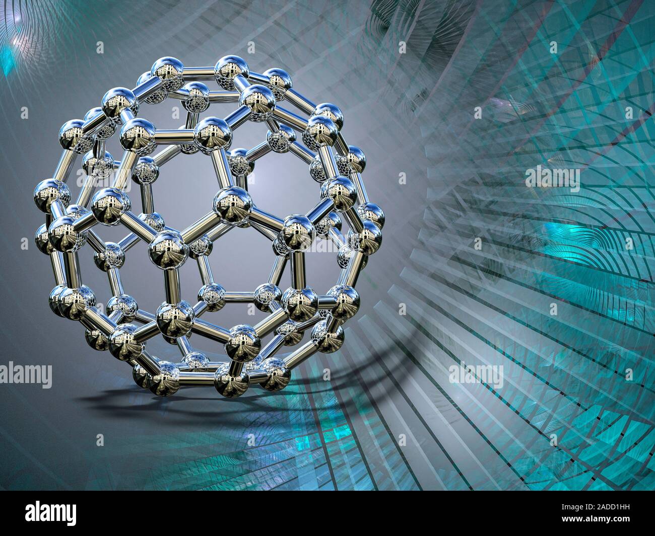 Buckyball molecule C60. Molecular model of the spherical fullerene ...