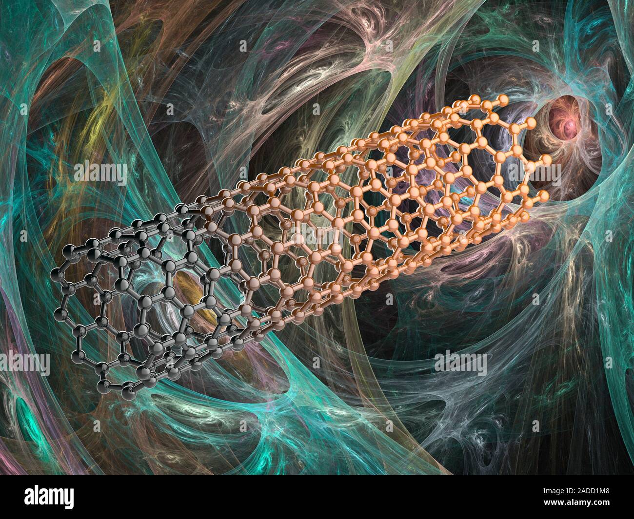 Nanotube. Computer illustration of a carbon nanotube. The molecular model shows the hexagonal ...