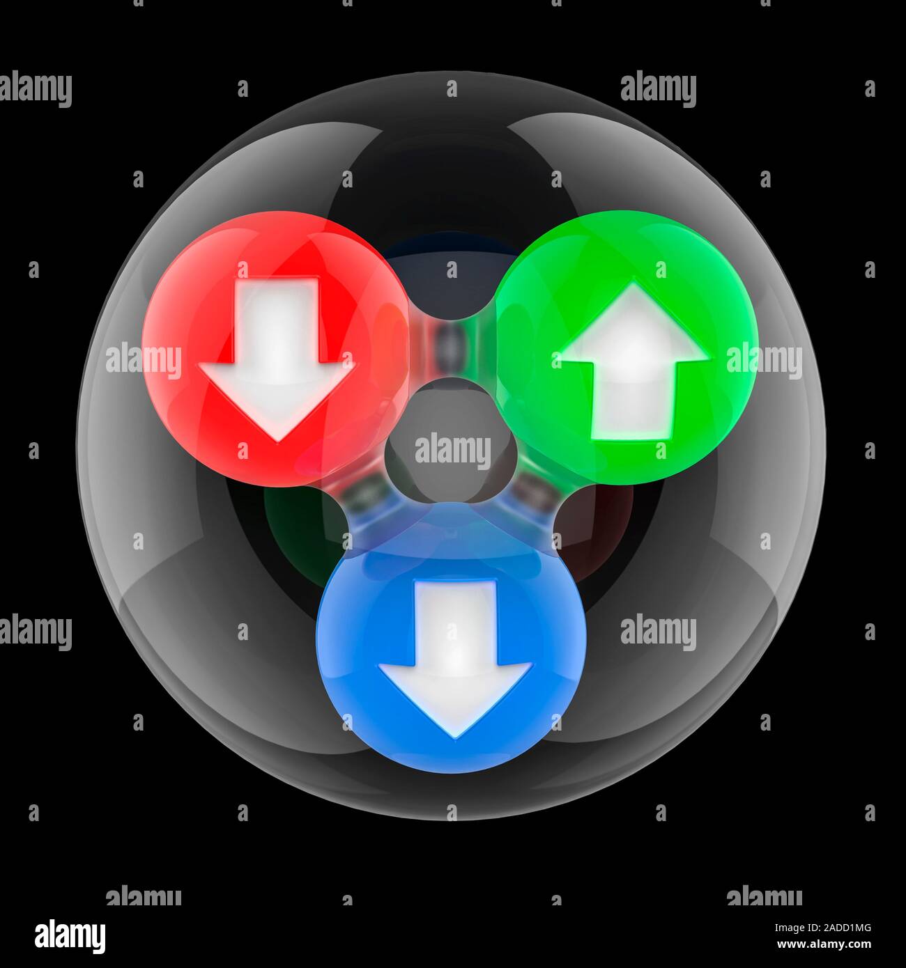 Structural view of a neutron with one up quark (green) and two down ...
