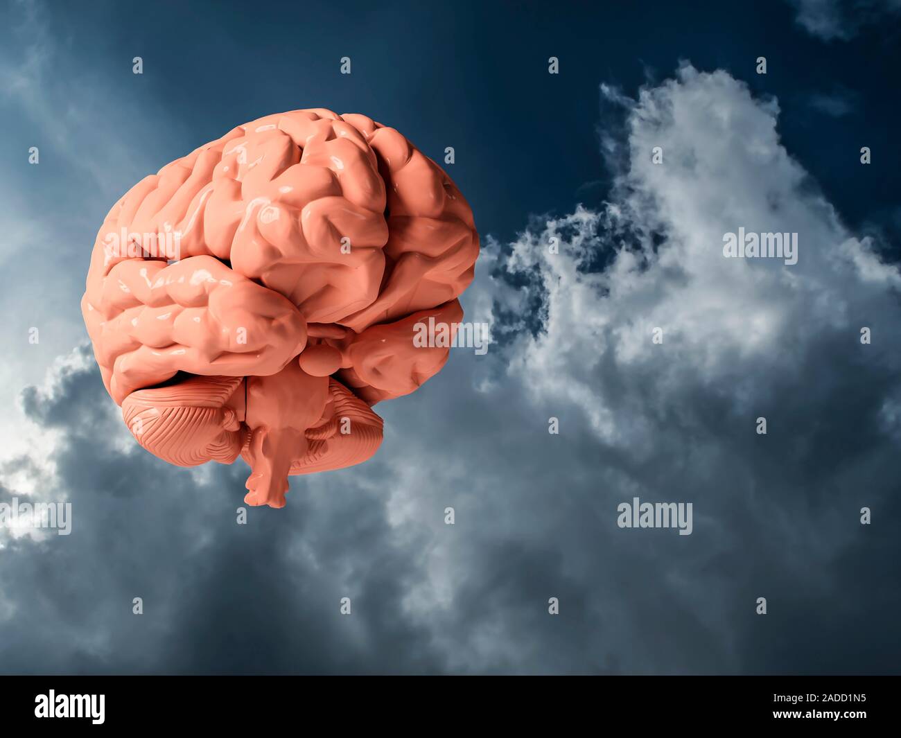 Conceptual illustration showing a human brain floating in a dramatic ...
