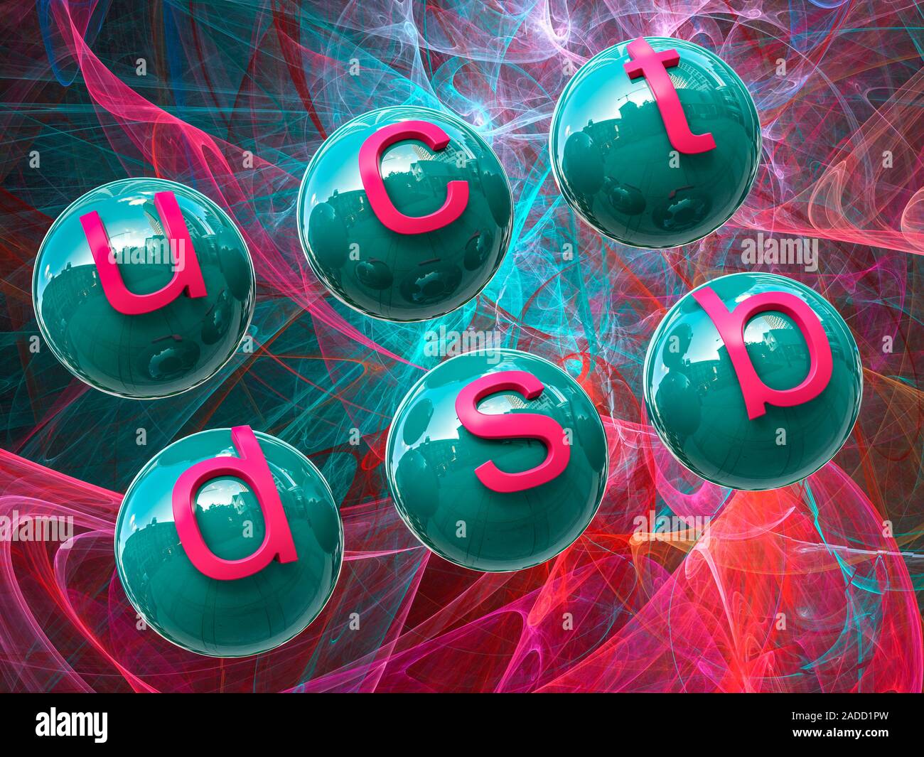 Quarks. Computer illustration of the six types (or flavours) of quark ...