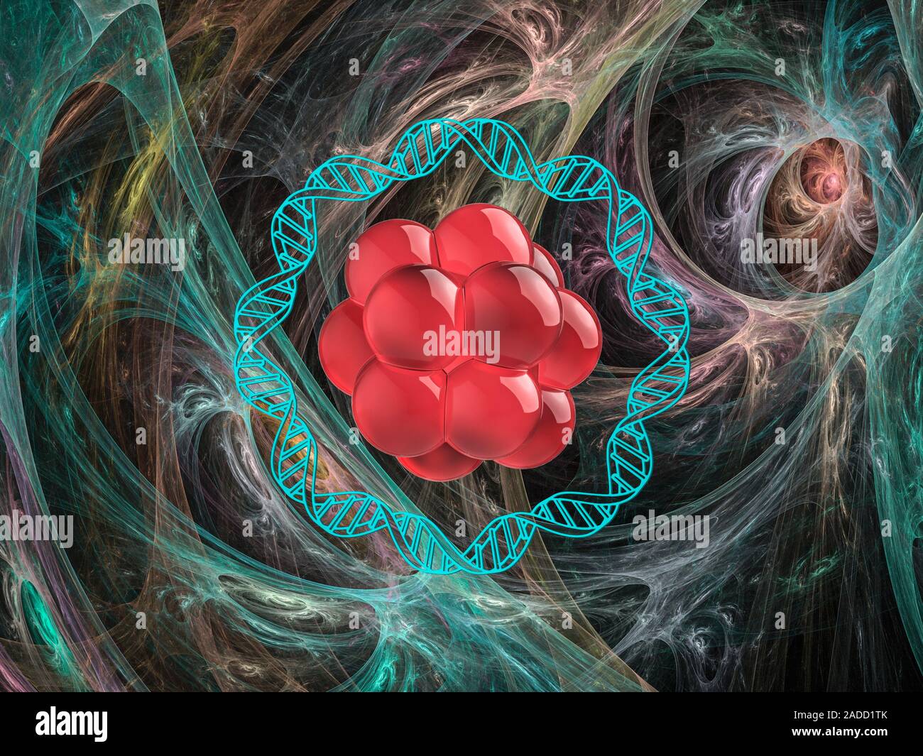 Computer illustration of a medical nanoparticle surrounded by a DNA ...