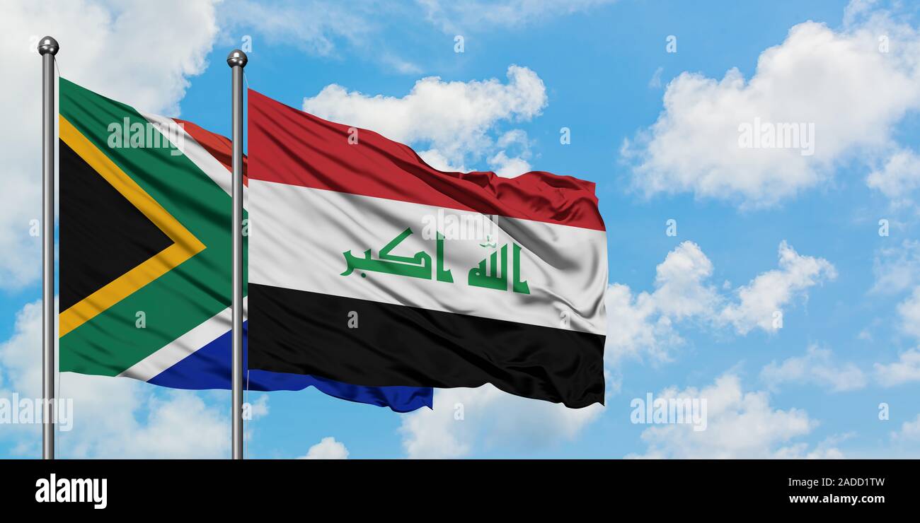South Africa and Iraq flag waving in the wind against white cloudy blue ...