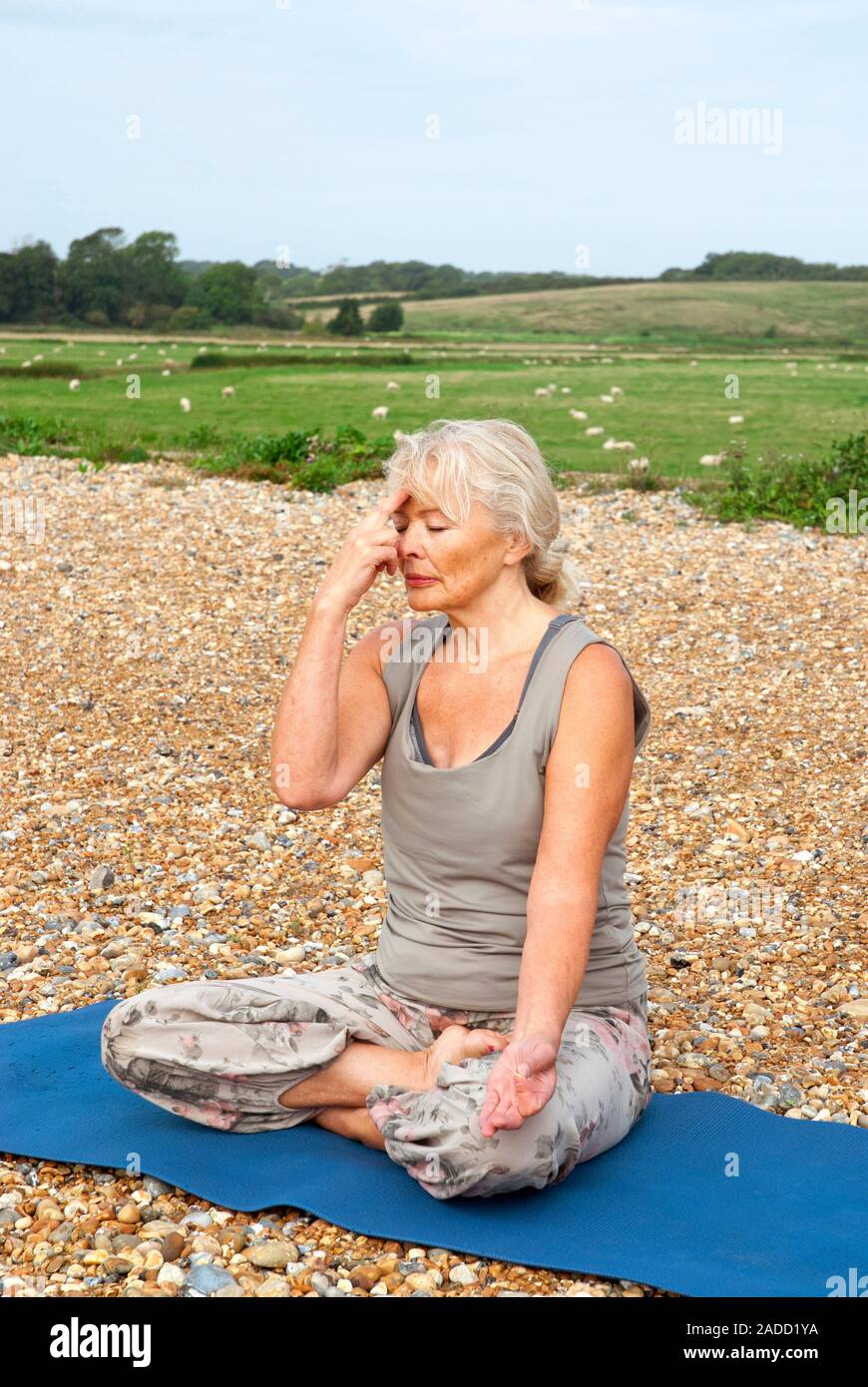 Yoga pose. This is the half lotus pose (Ardha Padmasana). Yoga is a ...