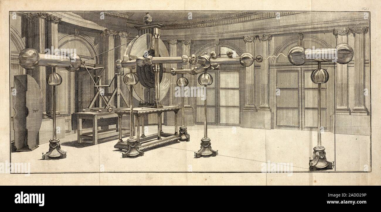 Electrostatic generator. 18th-century illustration depicting the large ...