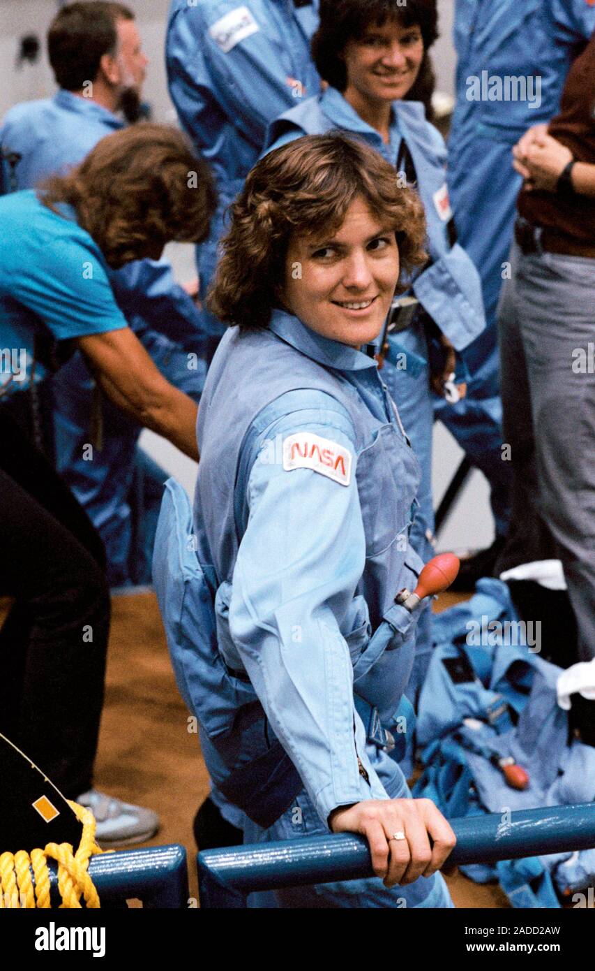 Astronaut Kathryn D. Sullivan (born 1951) joins with other crew members ...