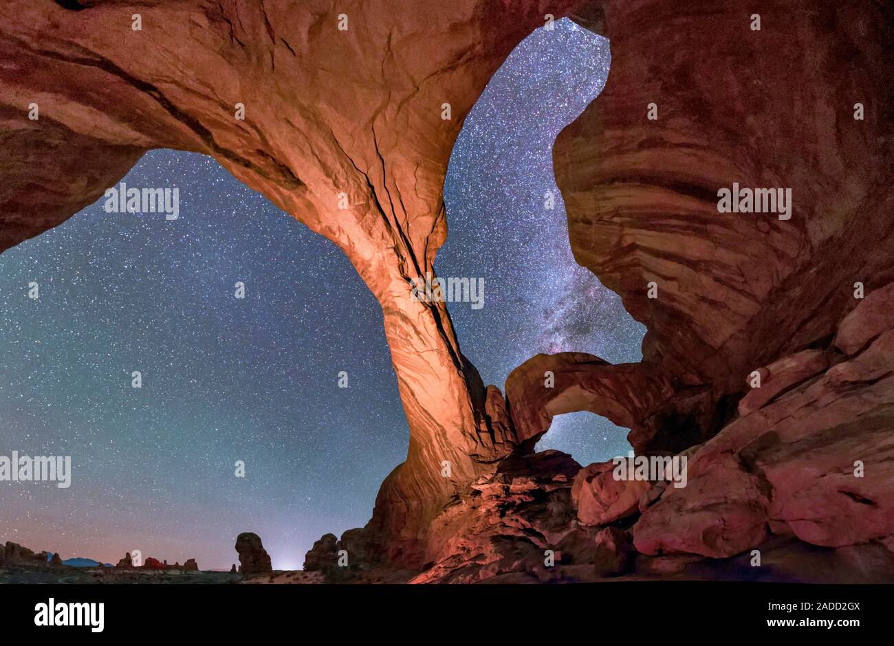 Night sky over Double Arch. Milky Way in the night sky over Double Arch ...
