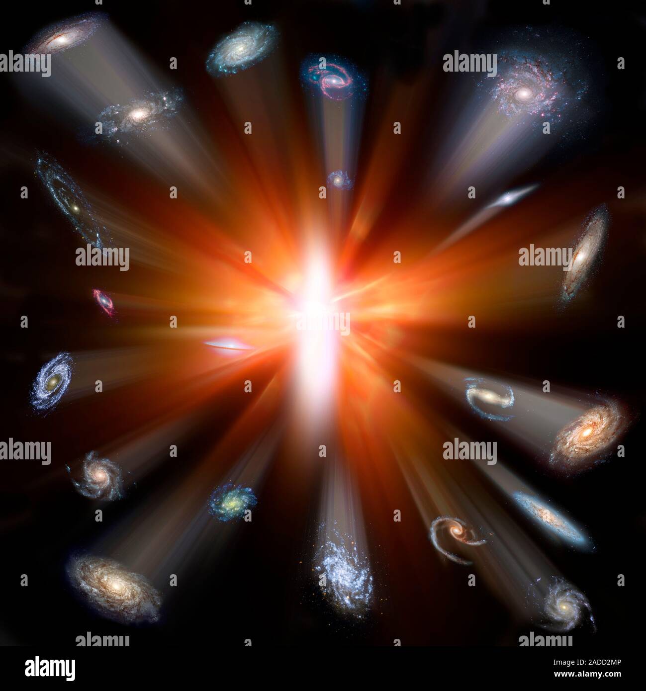 Big Bang and galaxies. Illustration showing the galaxies that formed ...