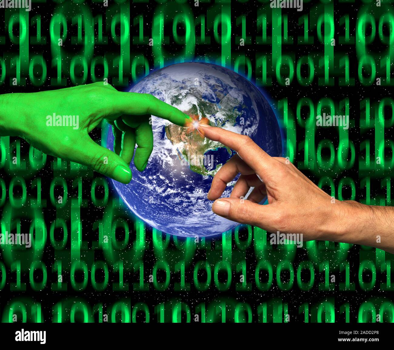 Search for alien intelligence. Conceptual illustration of a human hand ...