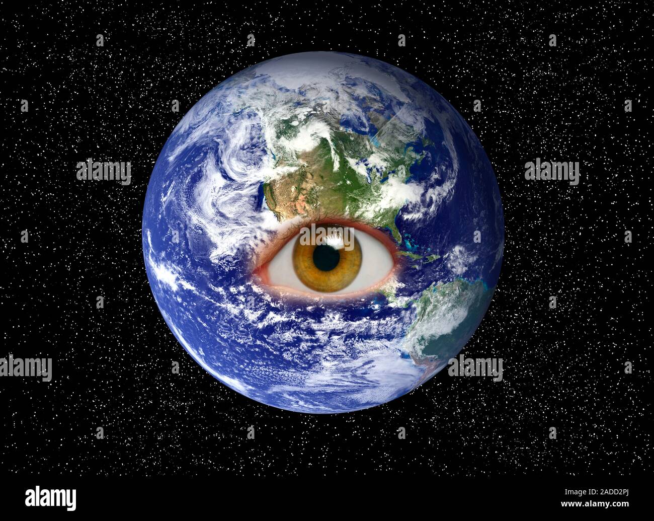 Exploring the universe. Conceptual illustration of a human eye peering ...