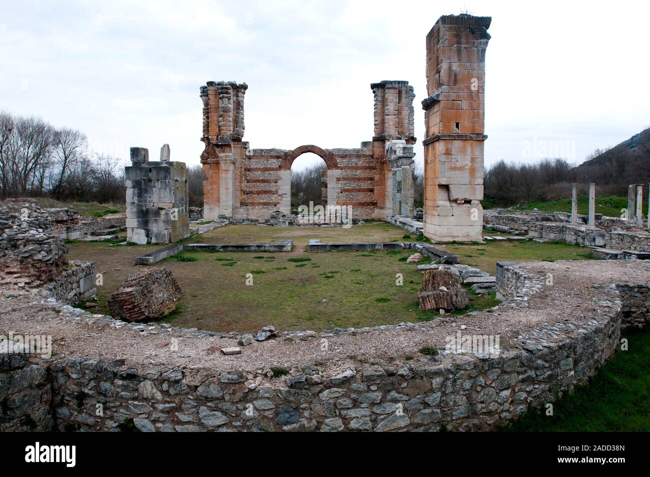 Ruins of Philippi, Greece, showing part of the basilica buiding. The ...