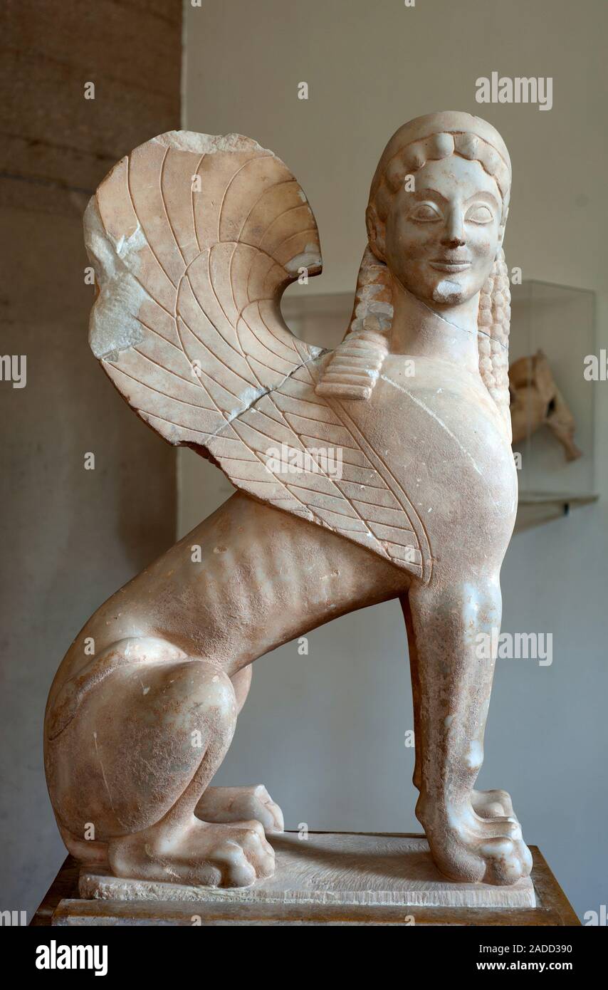 Winged sphinx statue from Ancient Corinth, Greece, on display in a ...