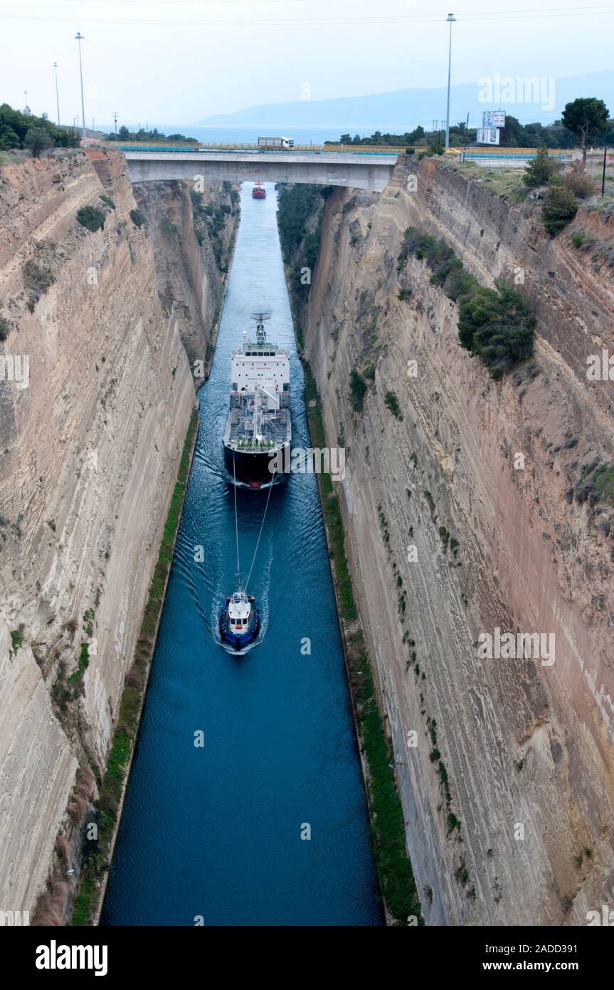 Ship passing through the Corinth Canal, a waterway that crosses the ...