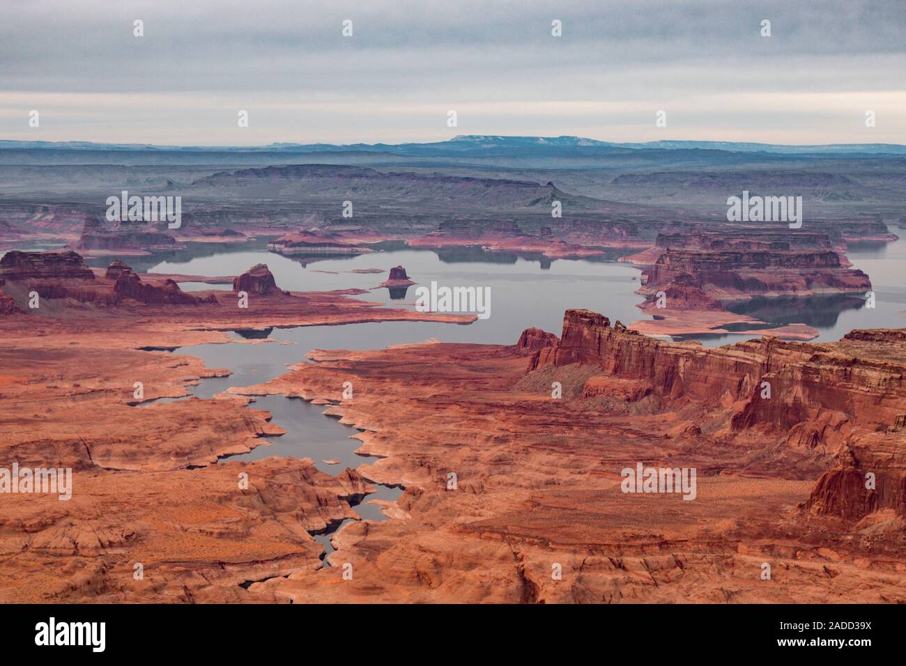 Aerial photograph of Lake Powell, Arizona, a reservoir with red rock ...
