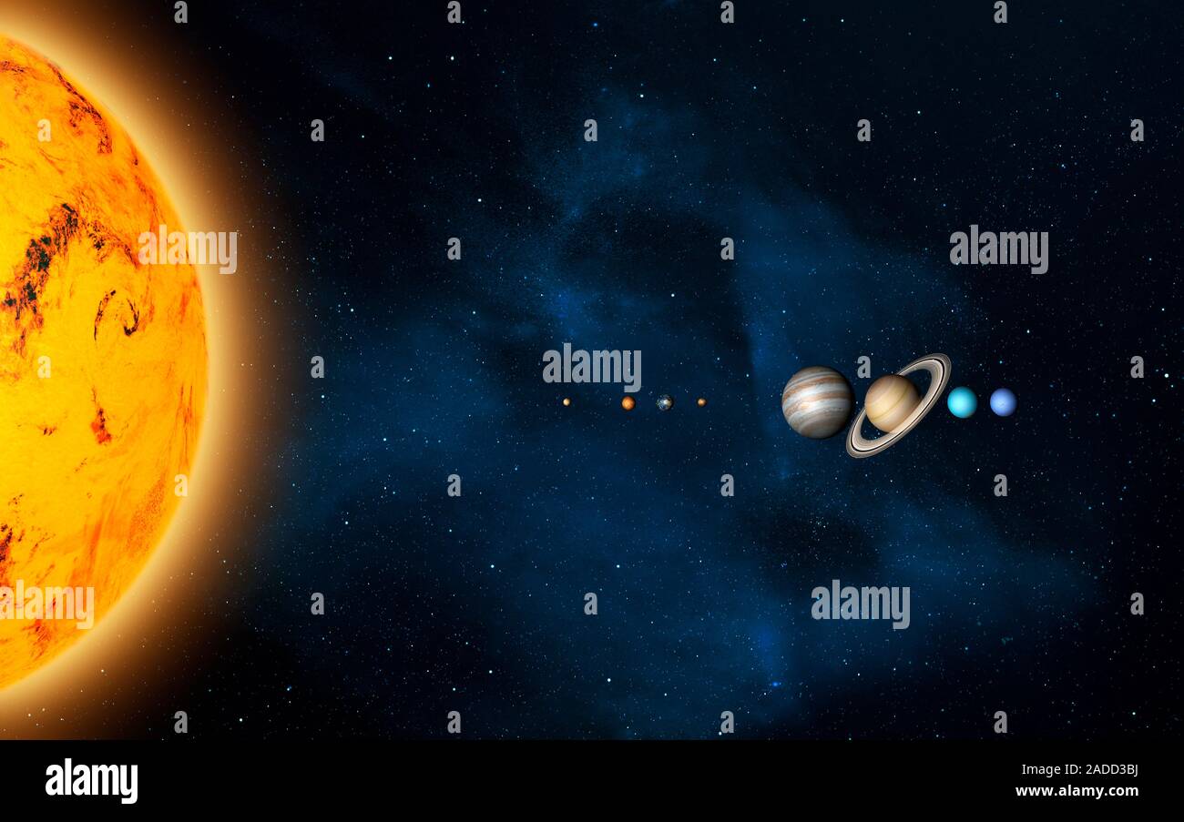 Sun and its planets. Illustration of the Sun and the eight planets that ...