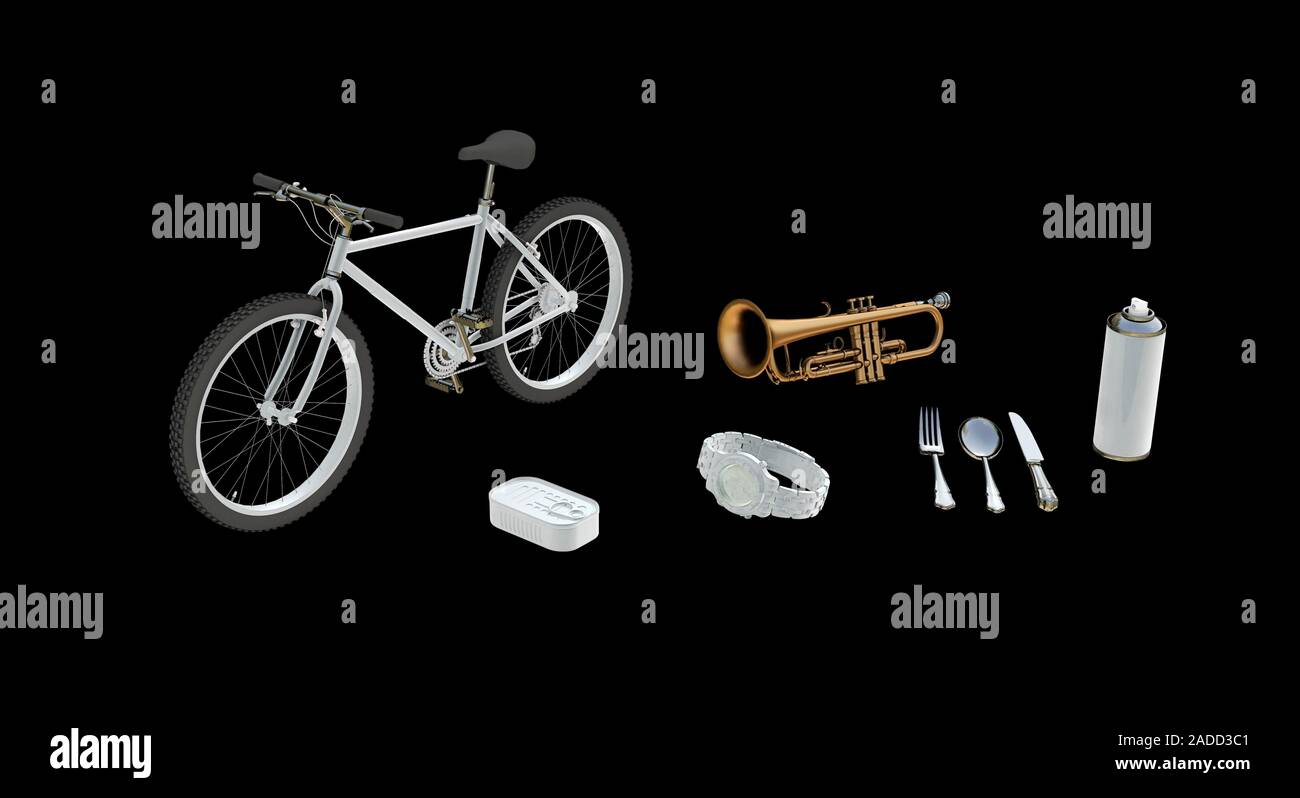 Metal products, illustration. Examples of products made of metal shown ...