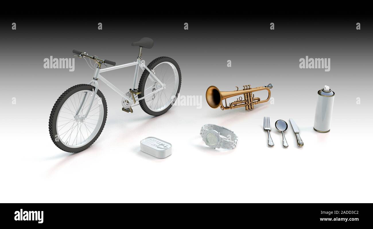 Metal products, illustration. Examples of products made of metal shown ...