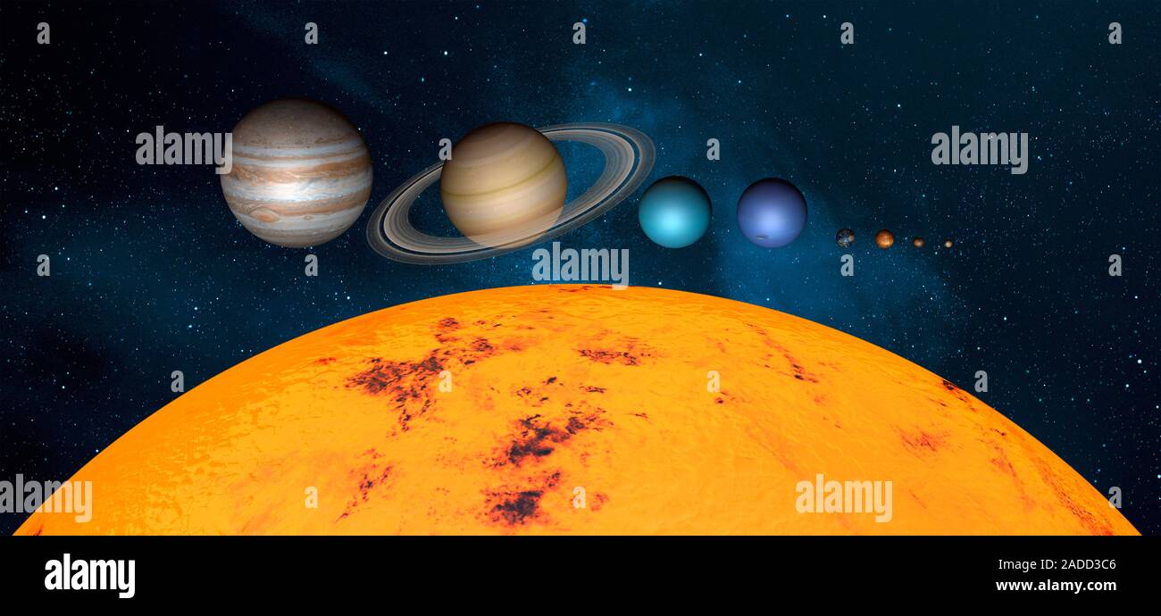 Sun and its planets. Illustration of the Sun and the eight planets that ...