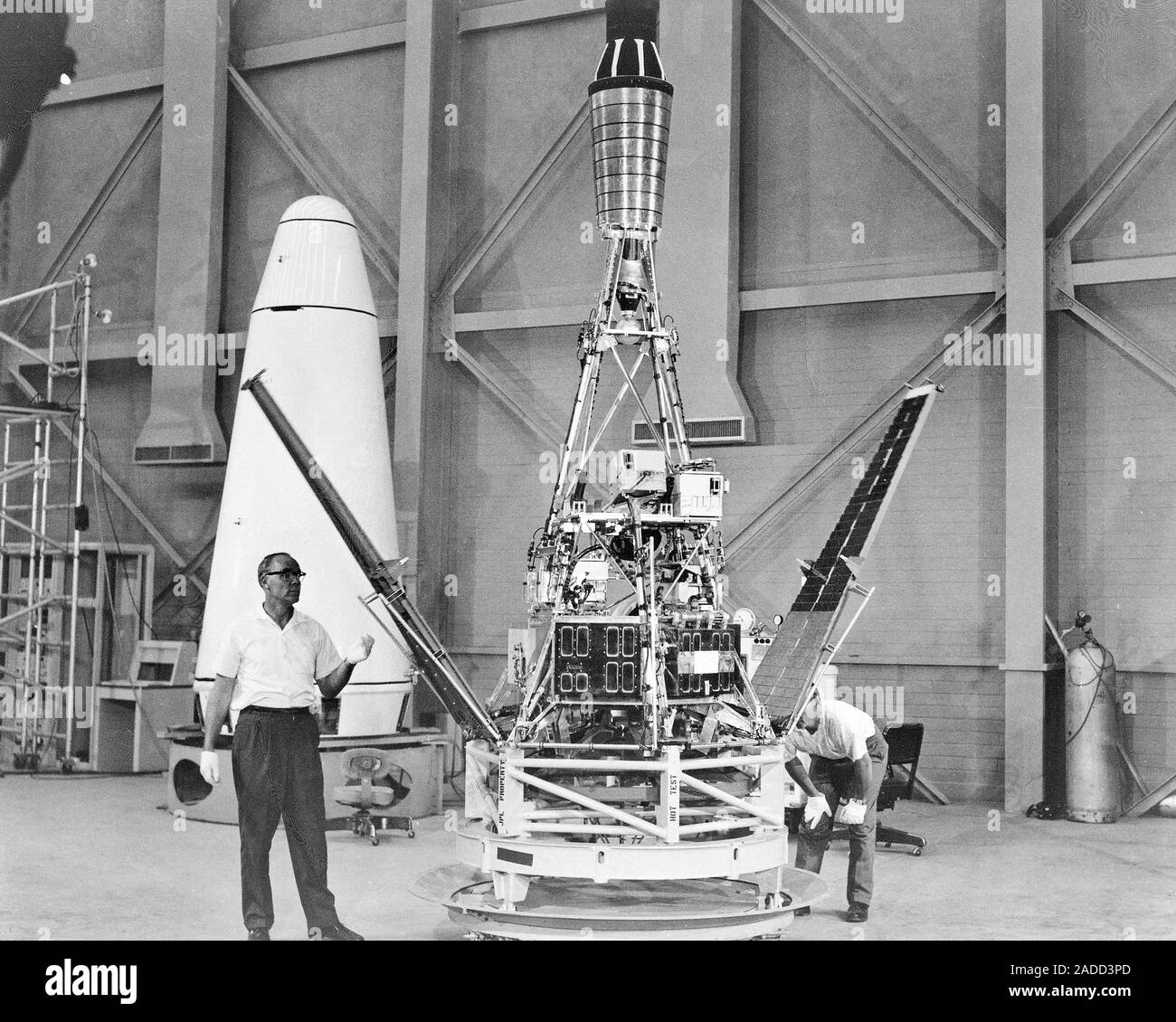 Ranger 1 spacecraft model display preparations, 1964. Ranger 1 was a ...