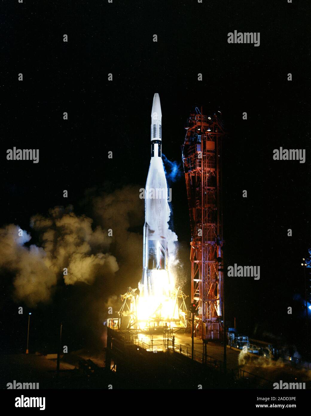 Ranger 1 spacecraft launch, Atlas-Agena rocket, 1961. Ranger 1 was a ...