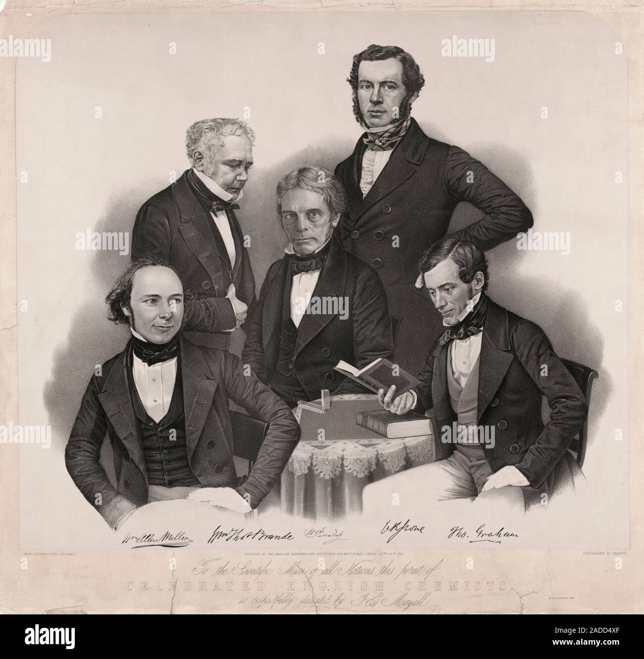 Celebrated English chemists, illustration. From left to right: William ...