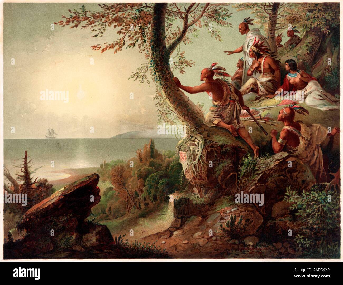 Arrival of Hudson in New York Bay, 1609. Illustration of indigenous ...