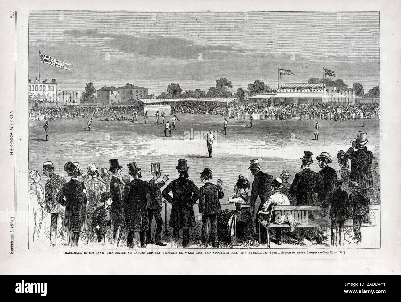 Baseball match at Lords, 1874. Illustration showing a baseball game ...