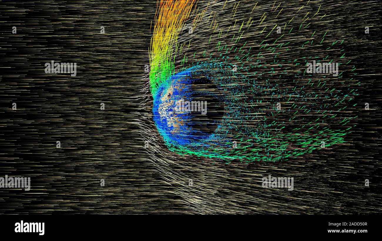Solar wind strips the Martian atmosphere, illustration. Charged ...