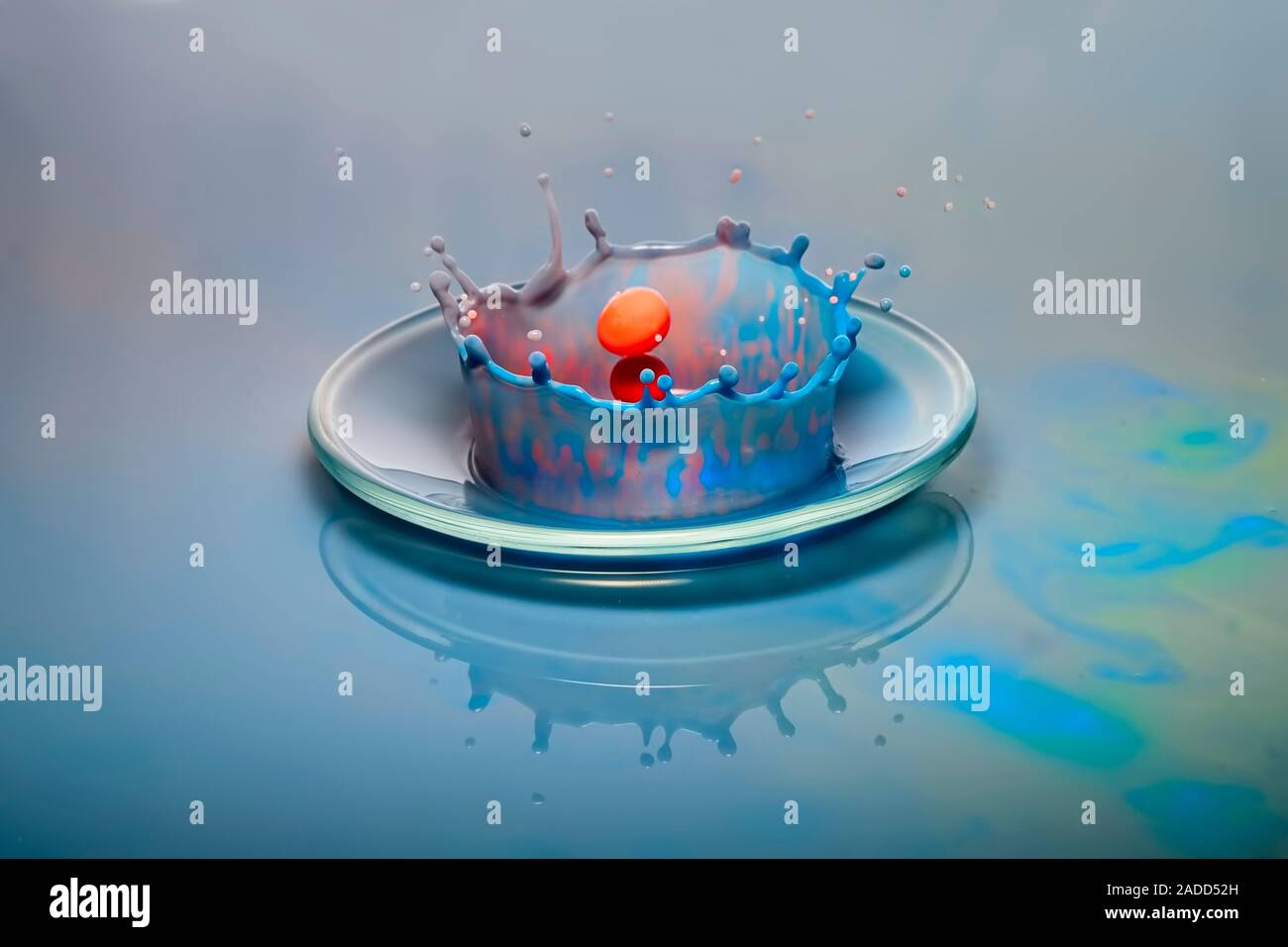 Water drop impact. High-speed photograph of secondary drop formation ...