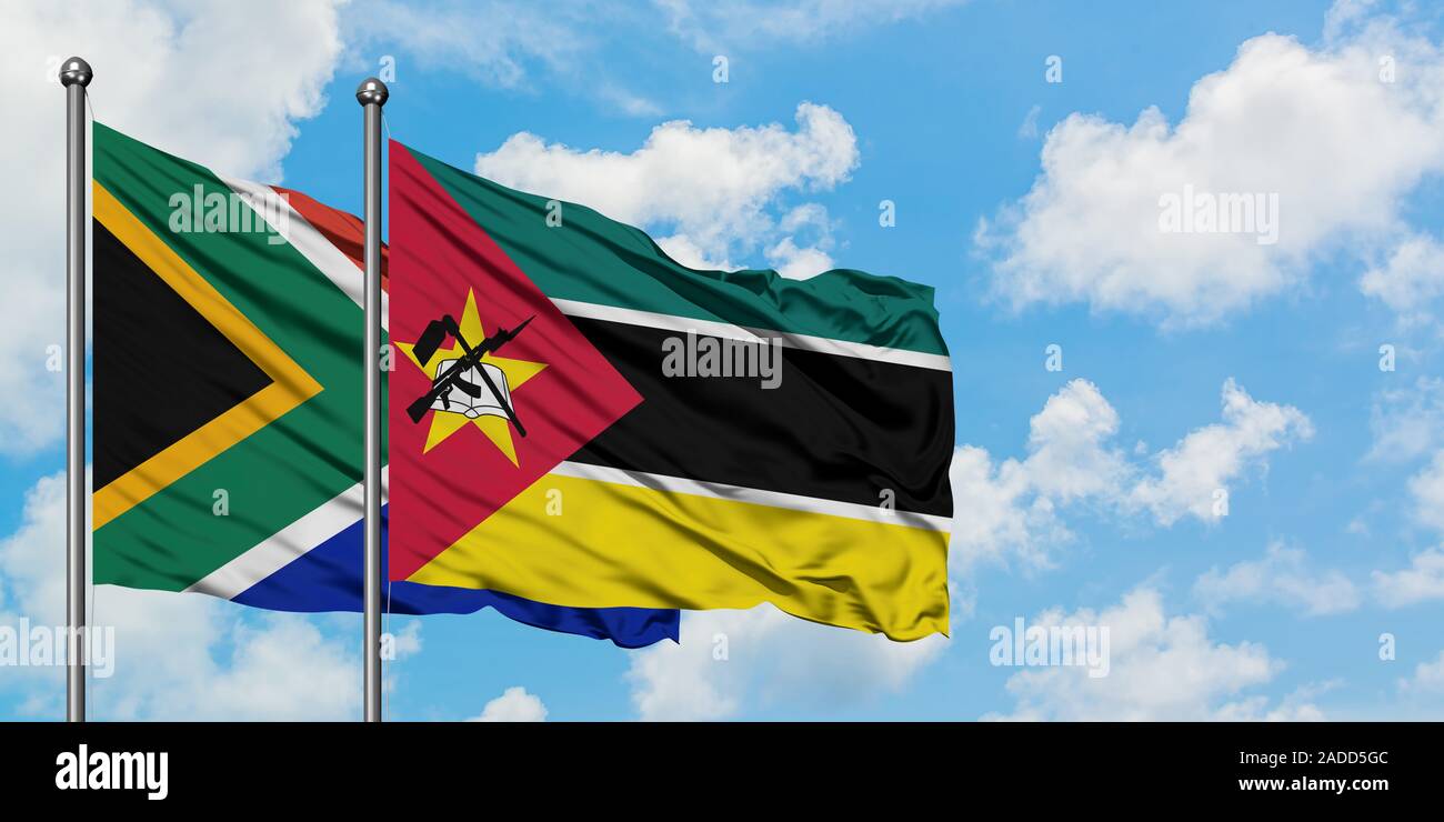 South Africa and Mozambique flag waving in the wind against white ...