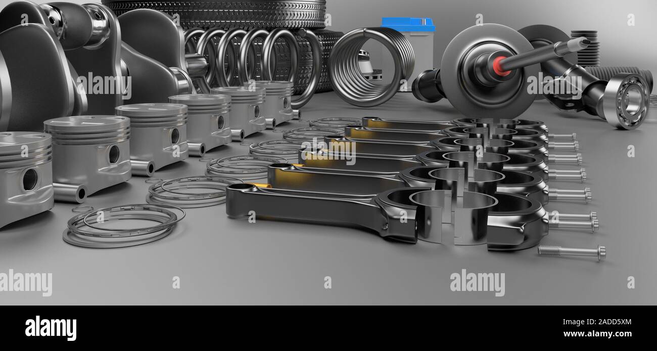 Auto parts spare parts car on the grey background. Set with many new ...