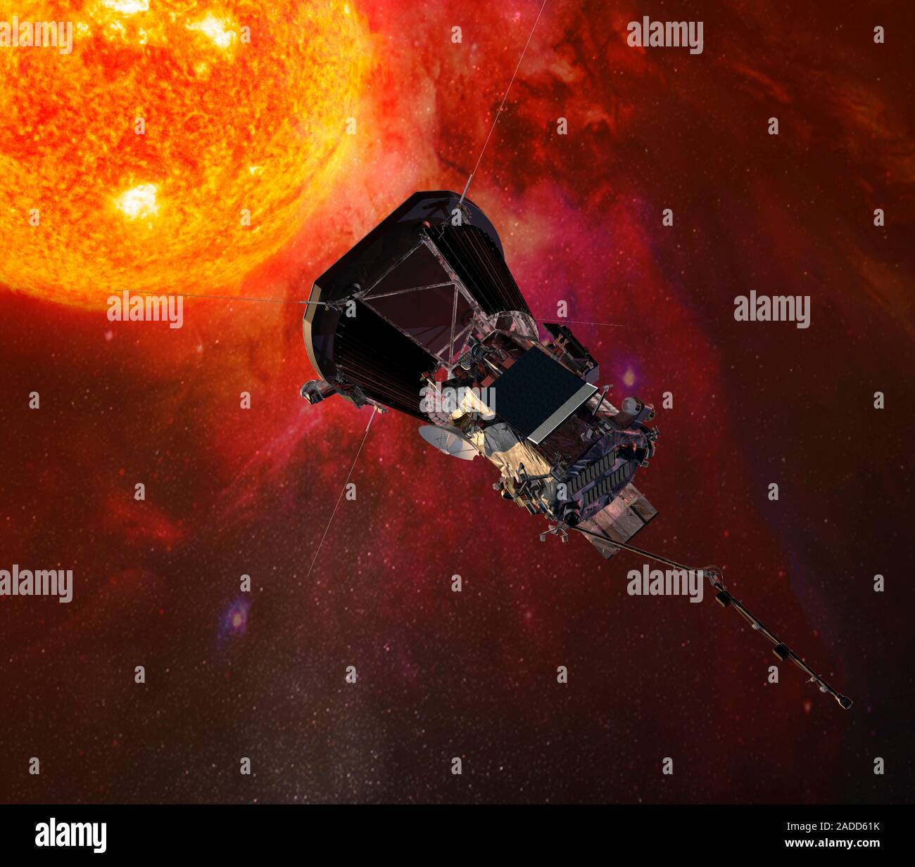 Parker Solar Probe approaching the Sun. Computer illustration showing ...